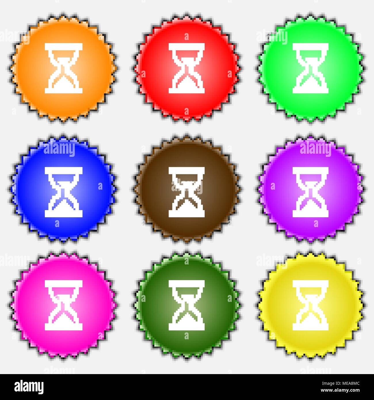 Hourglass, Sand timer icon sign. A set of nine different colored labels ...