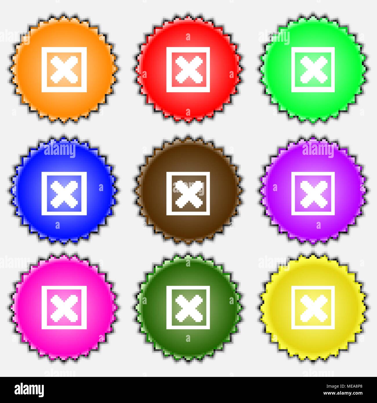 Cancel icon sign. A set of nine different colored labels. Vector ...