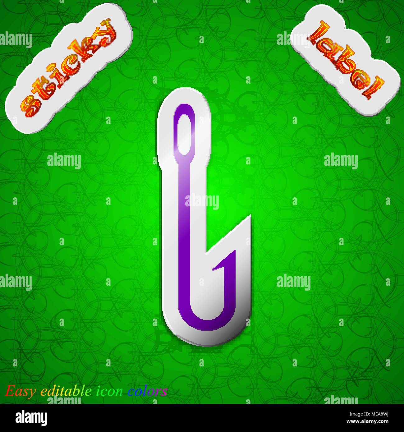 Fishing hook icon sign. Symbol chic colored sticky label on green ...