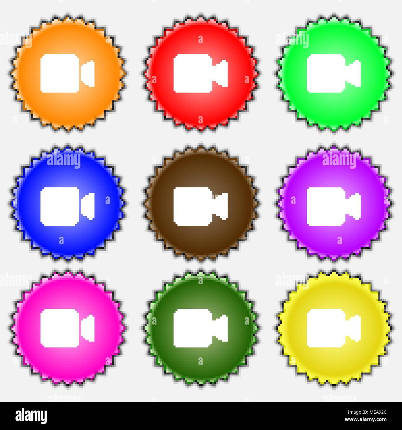 Video camera icon sign. A set of nine different colored labels. Vector ...