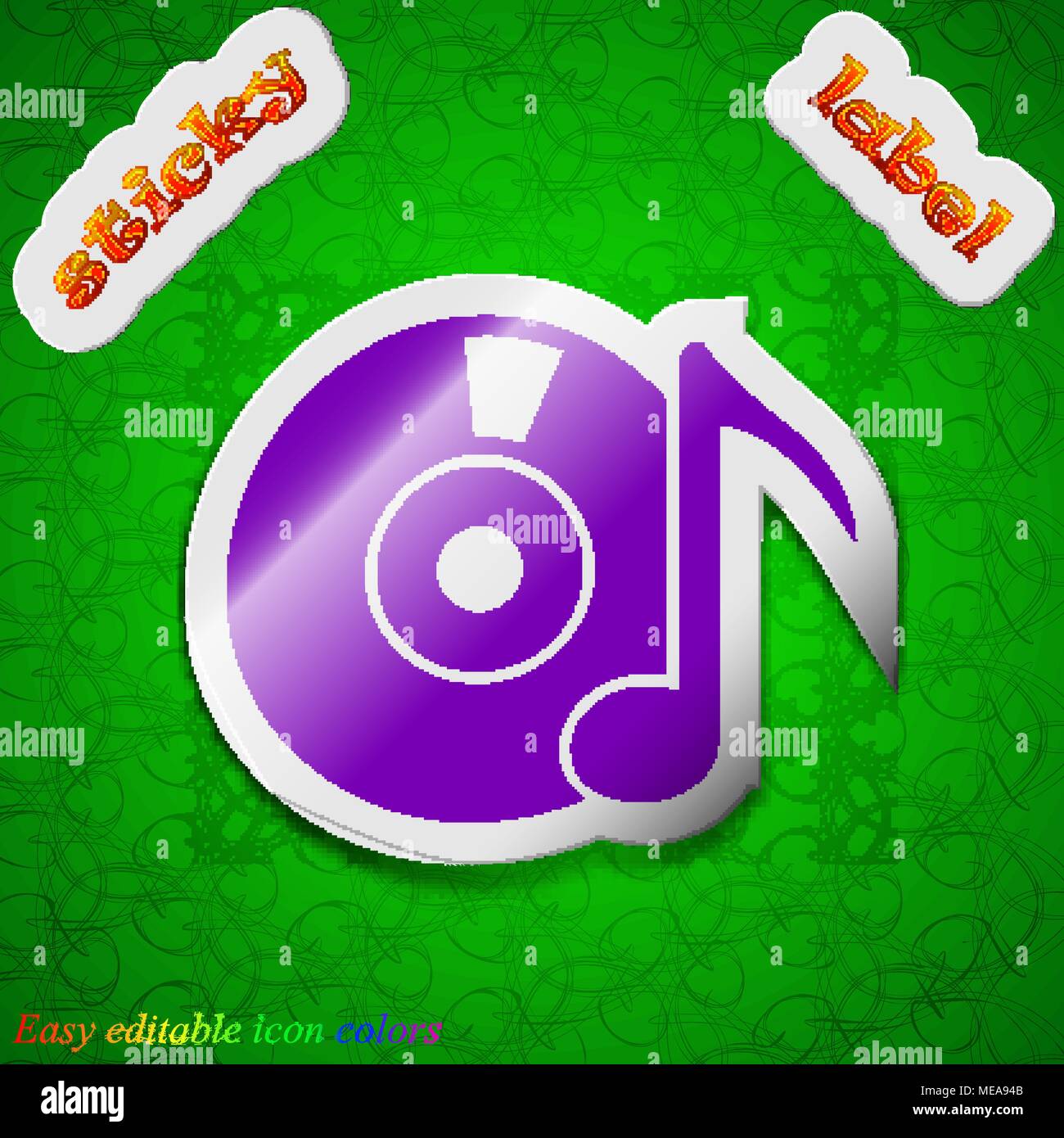 CD or DVD icon sign. Symbol chic colored sticky label on green ...