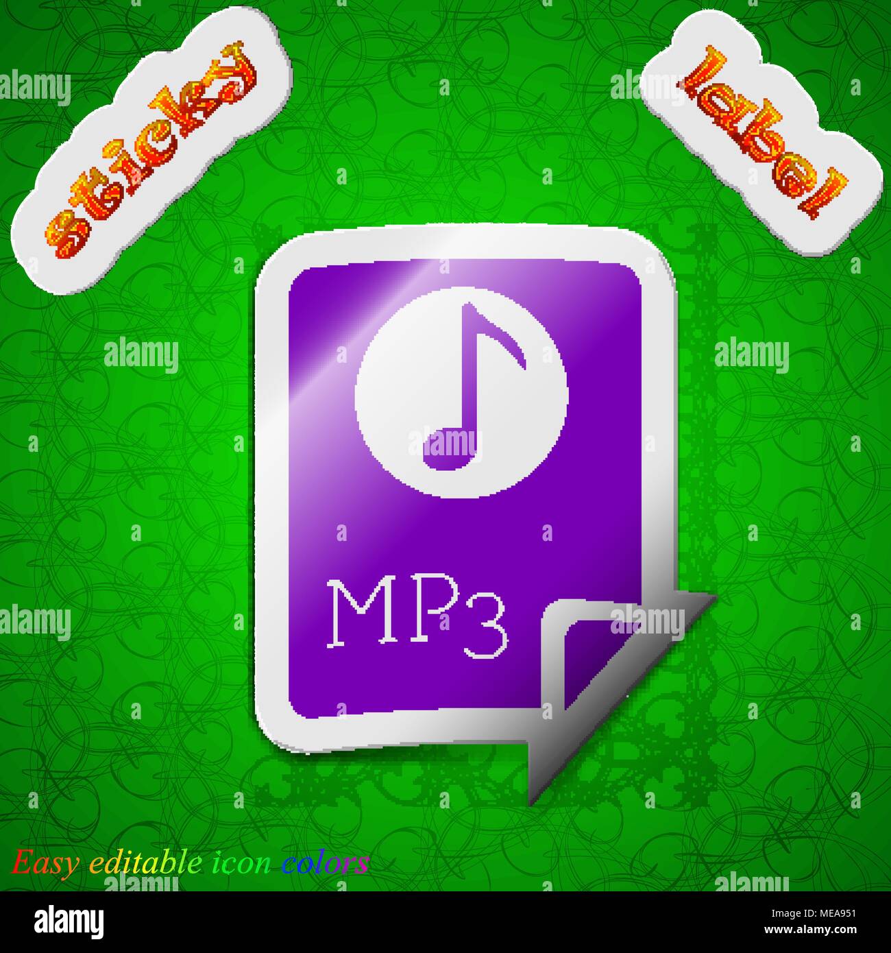 Audio, MP3 file icon sign. Symbol chic colored sticky label on green ...