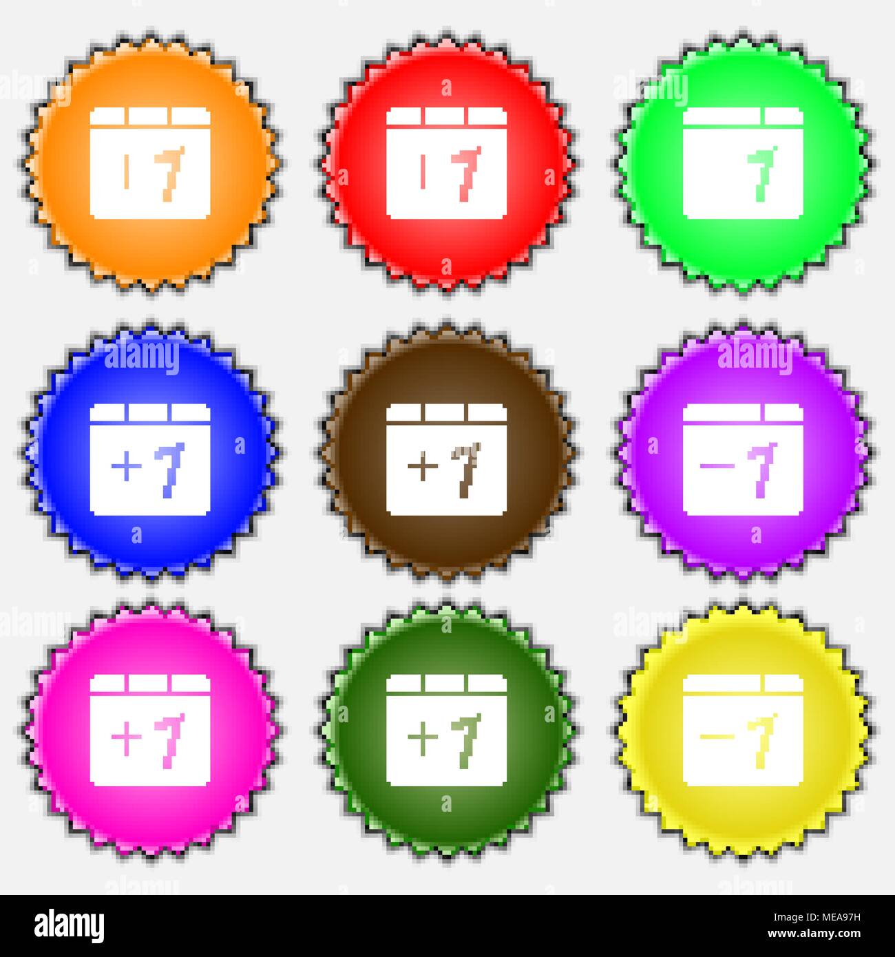 Plus one, Add one icon sign. A set of nine different colored labels ...