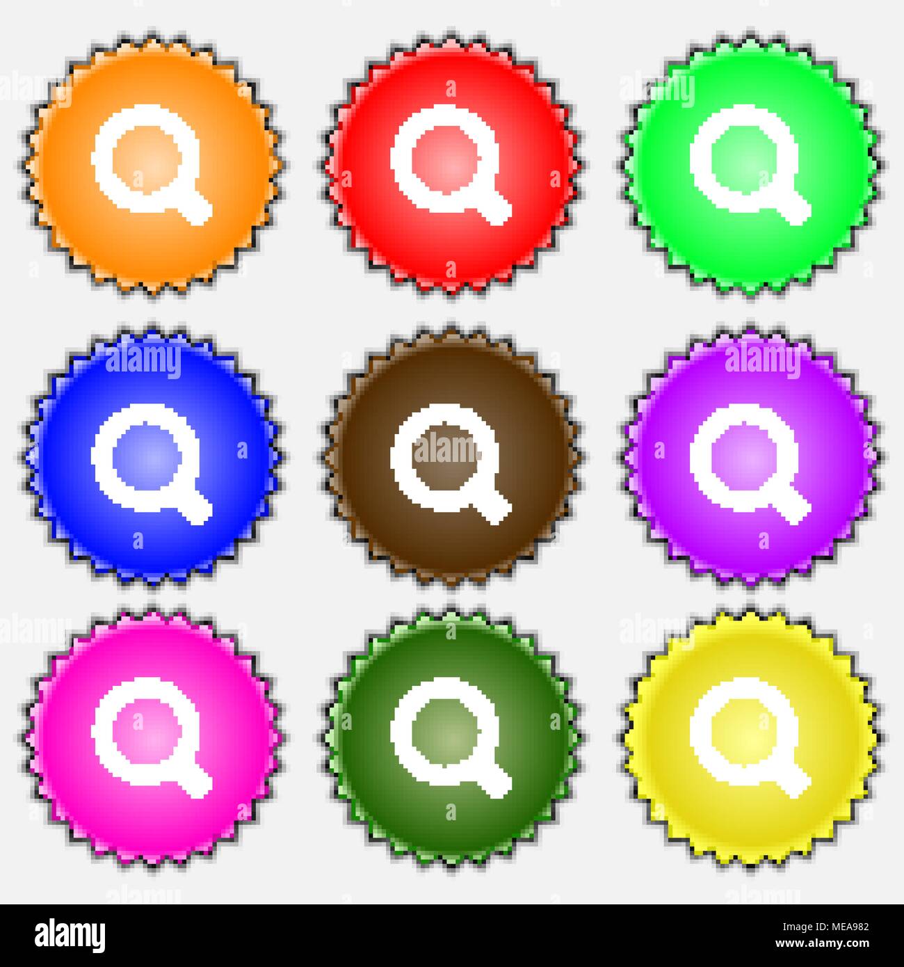 Magnifier glass icon sign. A set of nine different colored labels ...