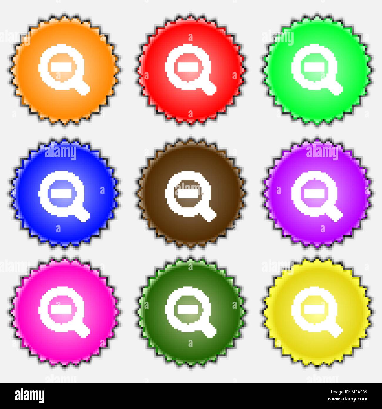 Magnifier glass, Zoom tool icon sign. A set of nine different colored ...