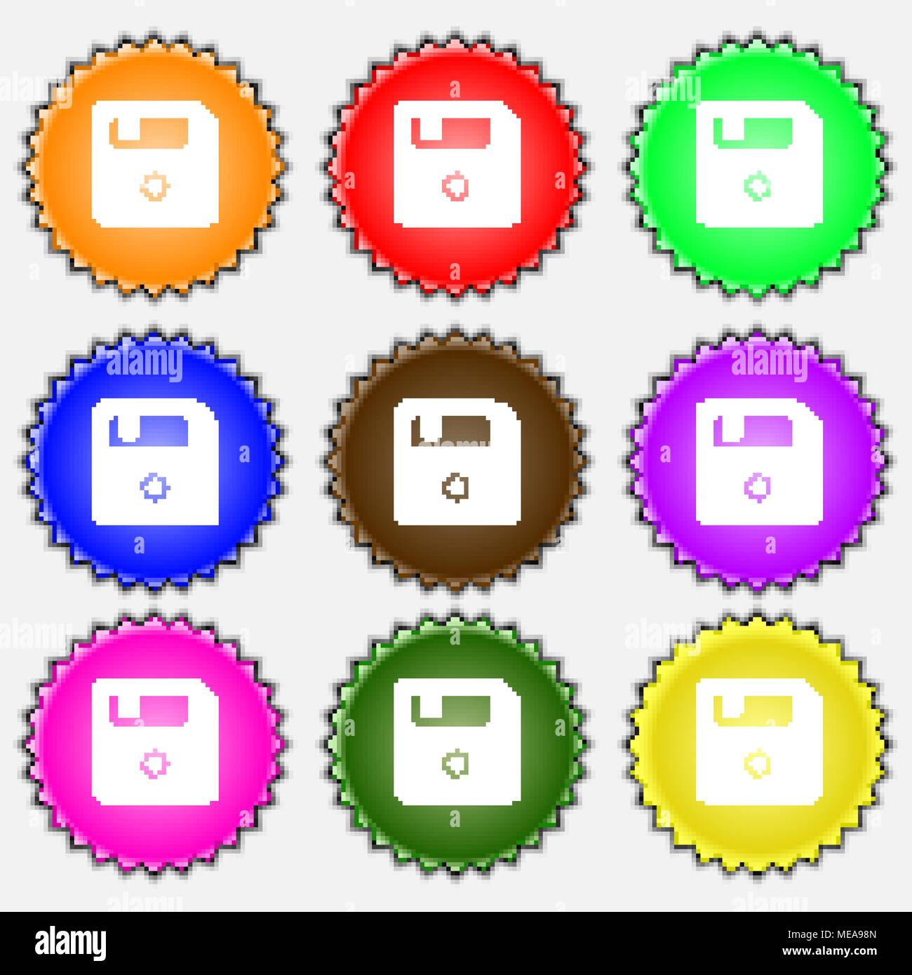 floppy icon sign. A set of nine different colored labels. Vector ...
