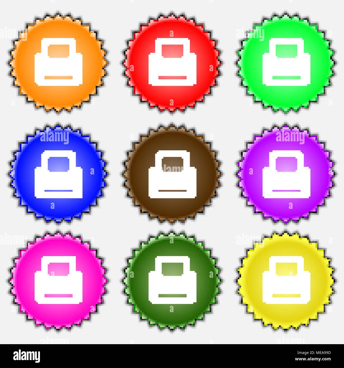 Printing icon sign. A set of nine different colored labels. Vector ...