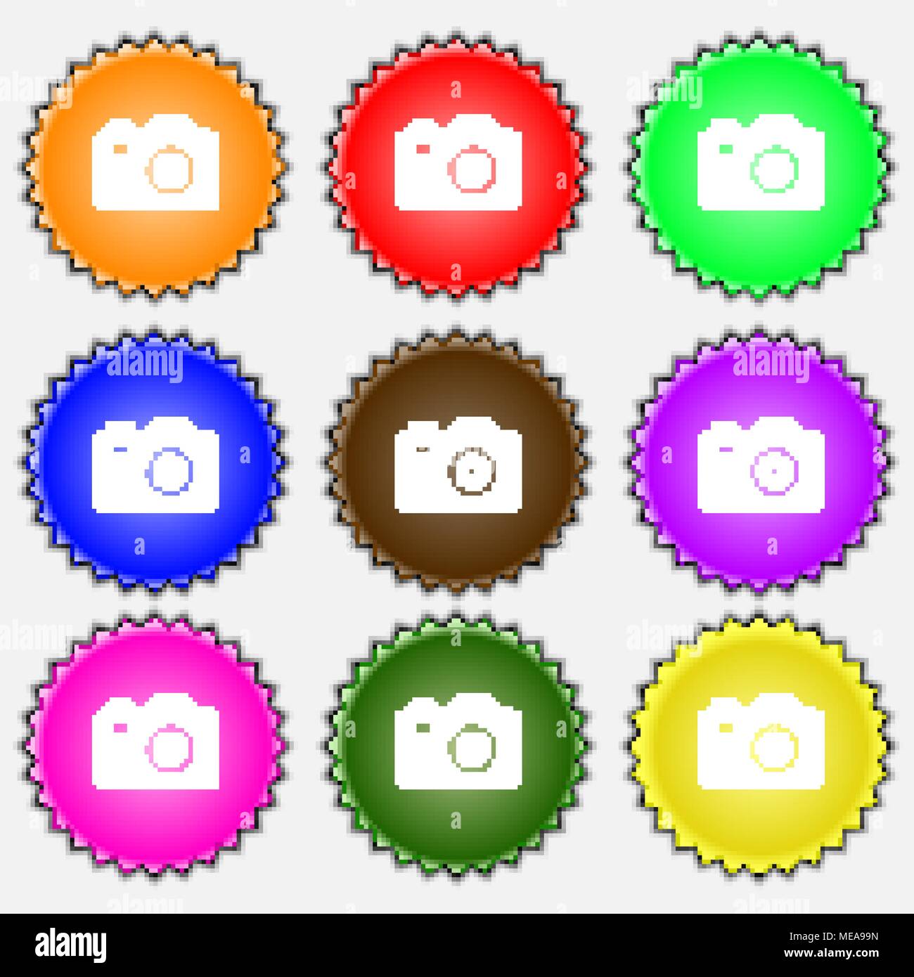 Photo Camera icon sign. A set of nine different colored labels. Vector ...