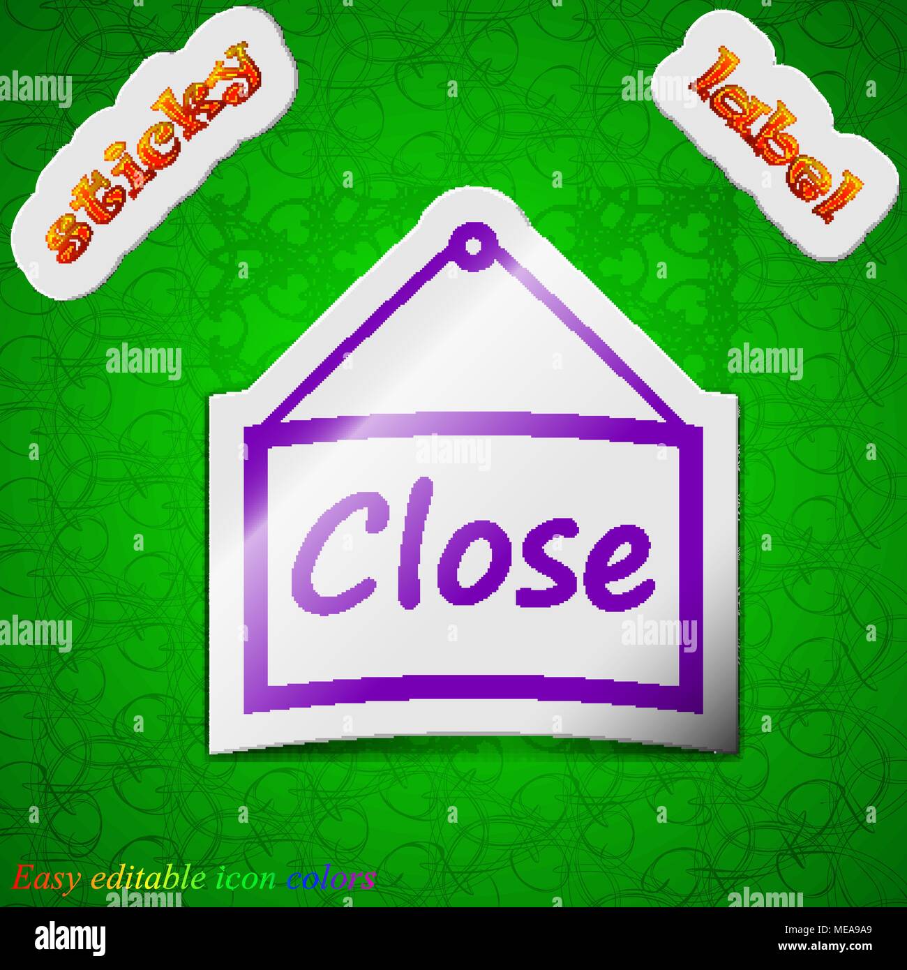close icon sign. Symbol chic colored sticky label on green background ...