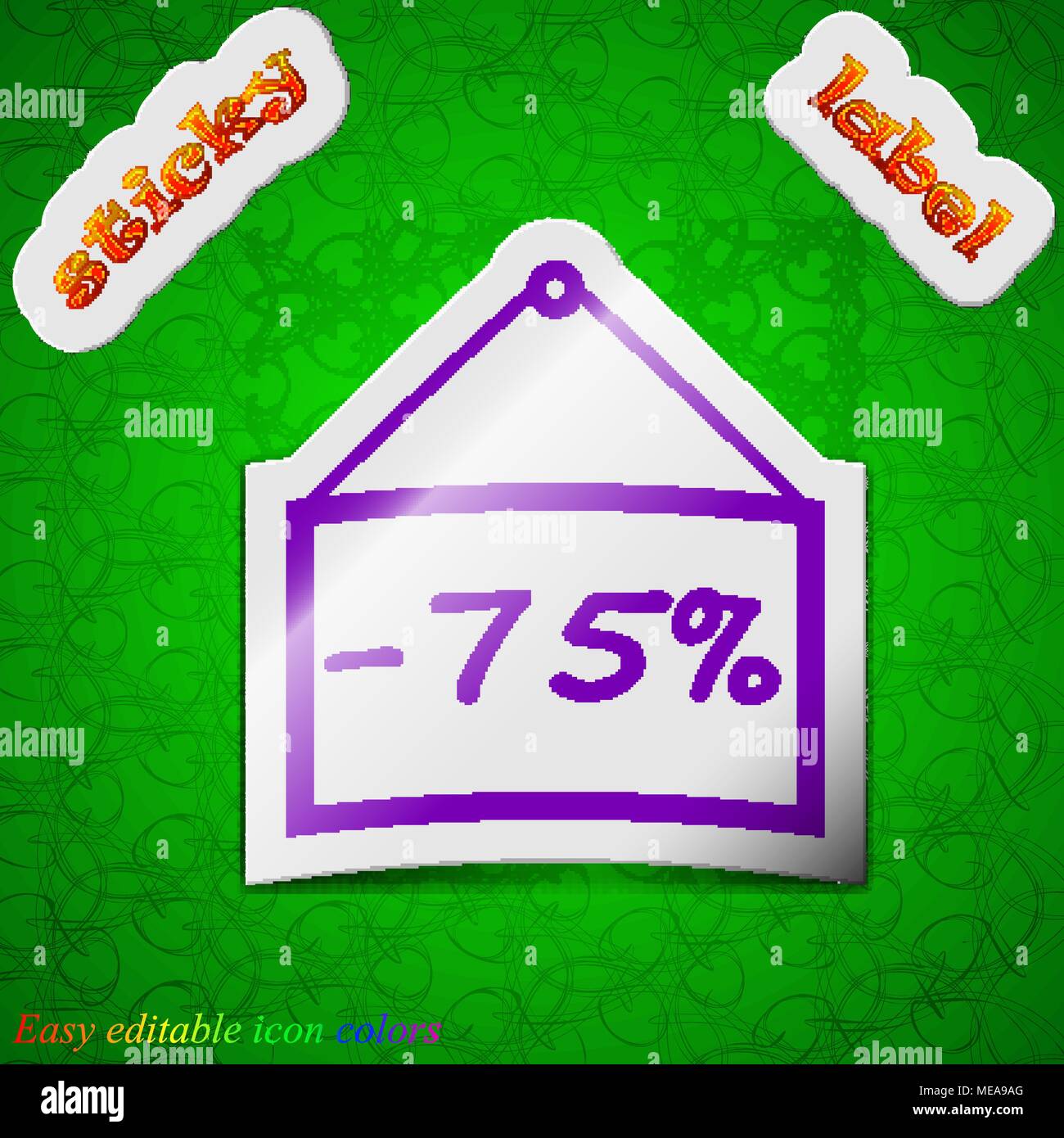 75 discount icon sign. Symbol chic colored sticky label on green ...
