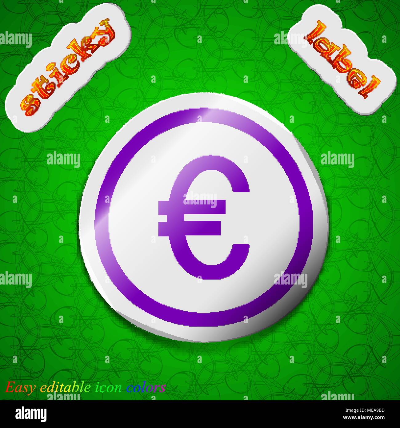 Euro icon sign. Symbol chic colored sticky label on green background ...