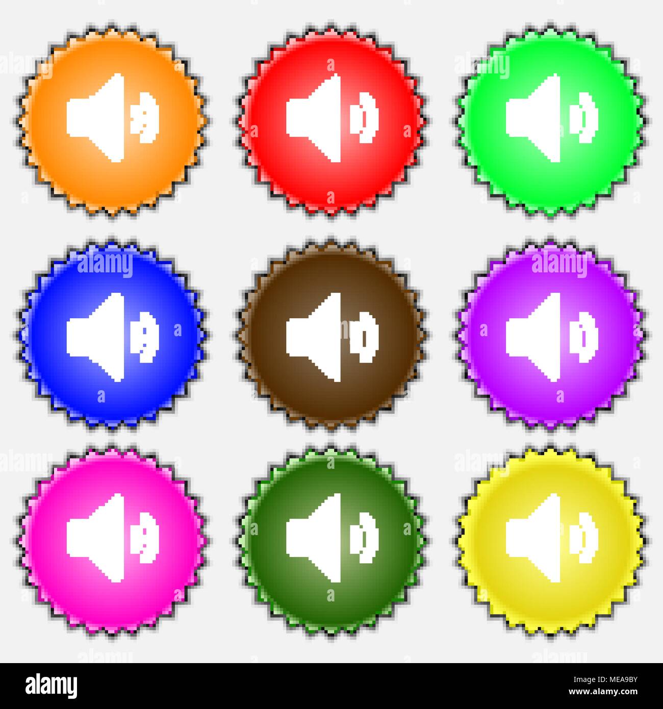 Speaker volume, Sound icon sign. A set of nine different colored labels ...