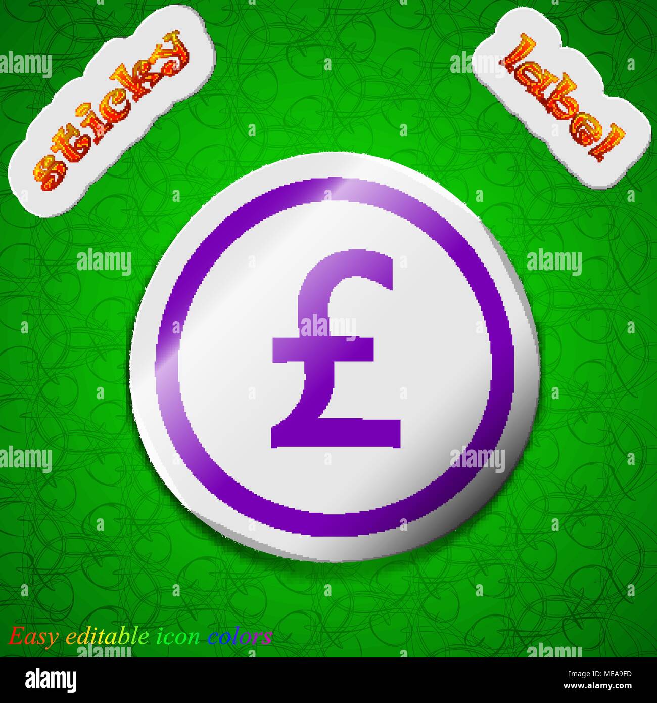 Pound sterling icon sign. Symbol chic colored sticky label on green ...