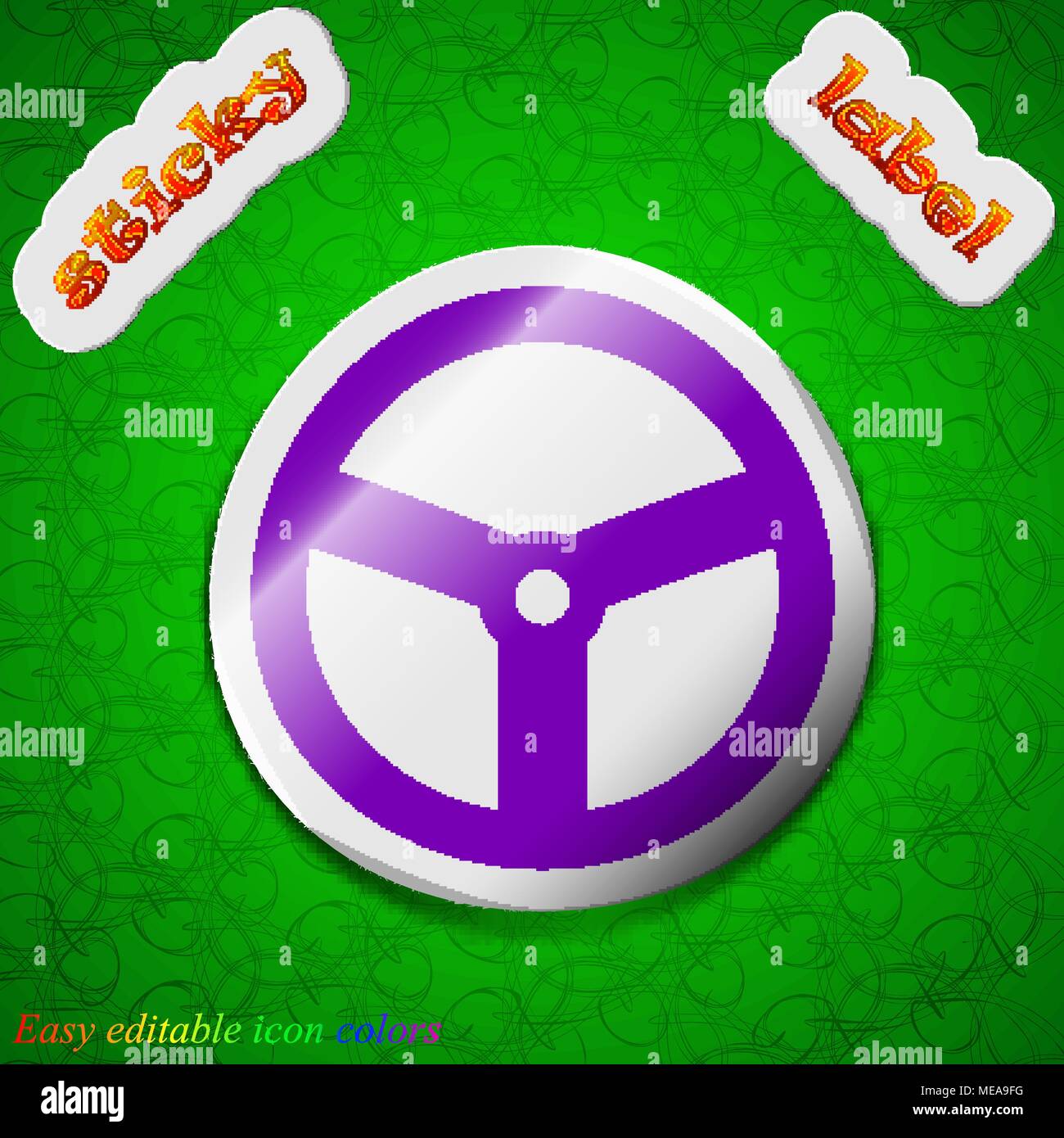 Steering wheel icon sign. Symbol chic colored sticky label on green ...