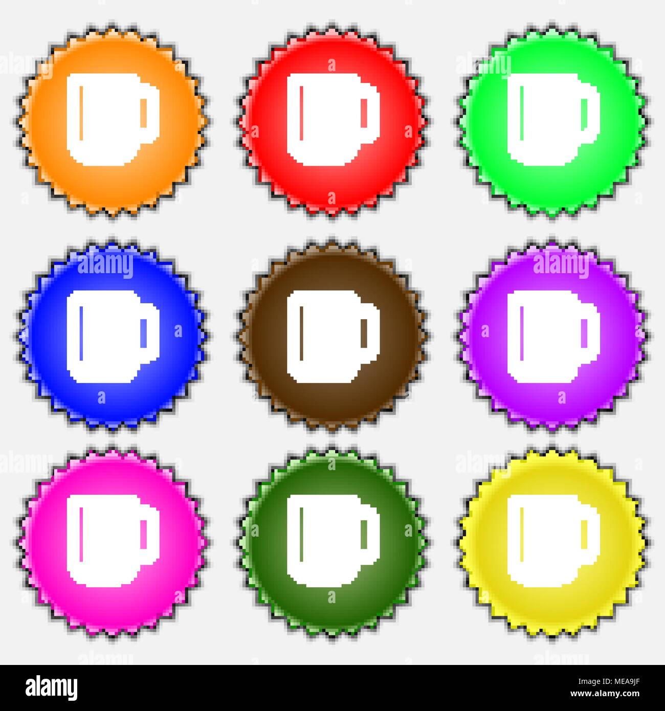 cup coffee or tea icon sign. A set of nine different colored labels ...
