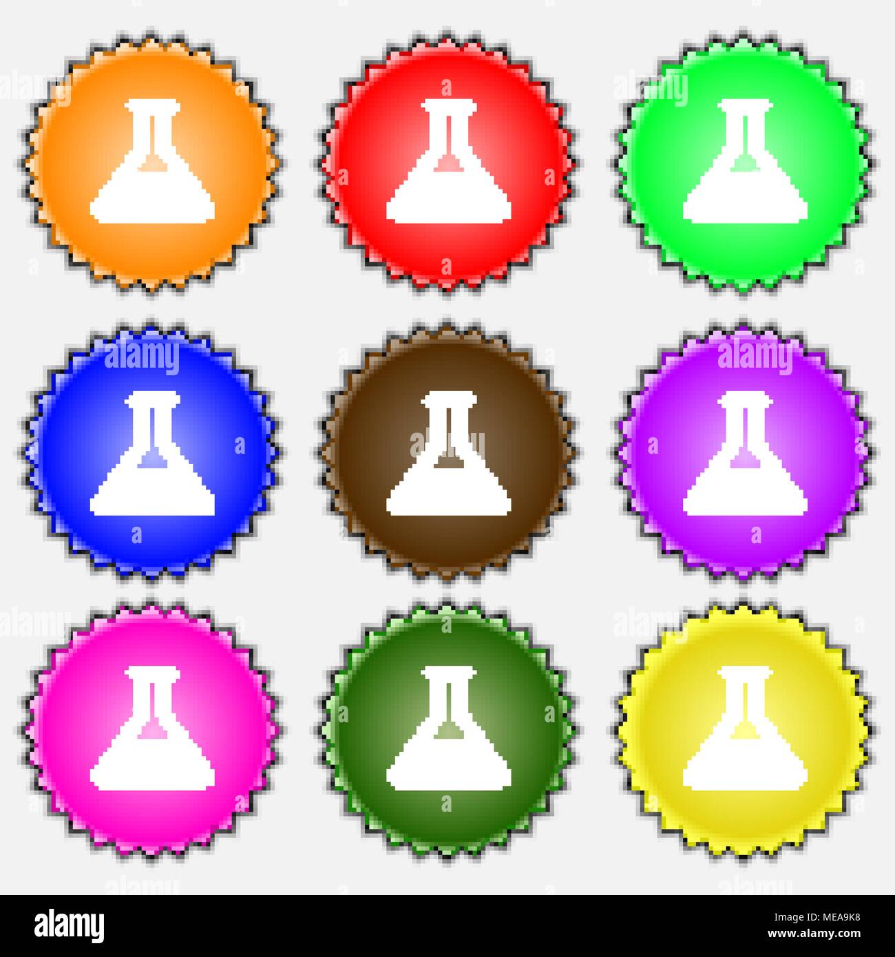 Conical Flask icon sign. A set of nine different colored labels. Vector ...