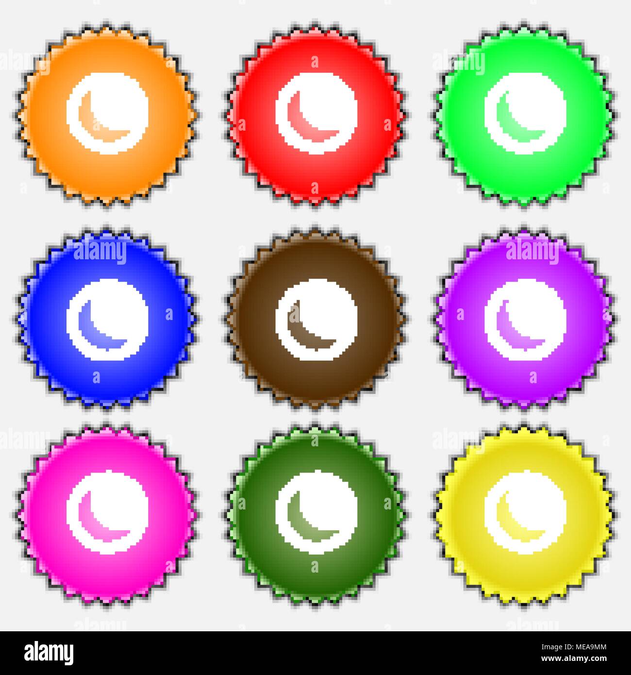 moon icon sign. A set of nine different colored labels. Vector ...