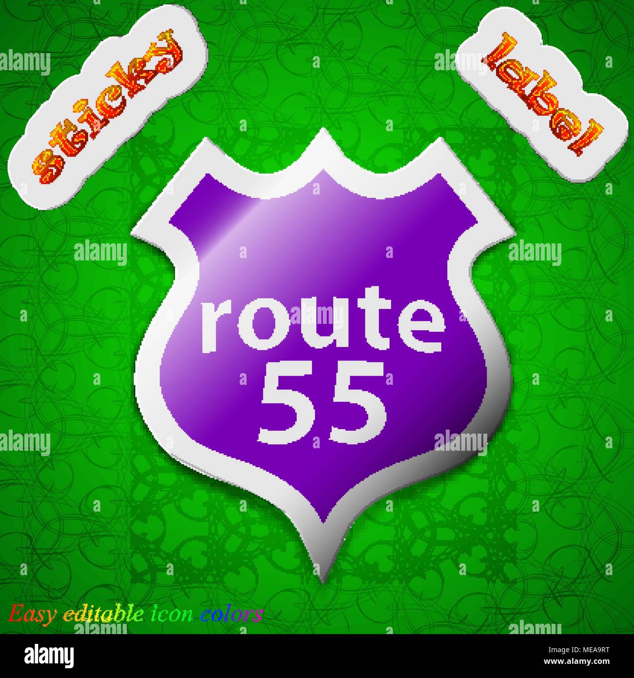 Route 55 highway icon sign. Symbol chic colored sticky label on green ...