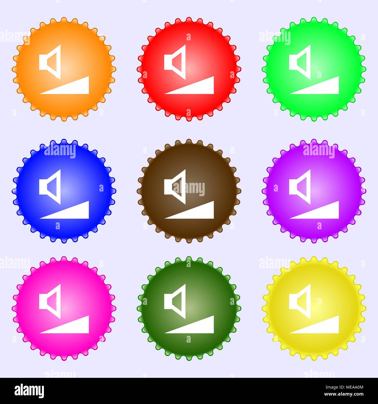 volume, sound icon sign. A set of nine different colored labels. Vector ...