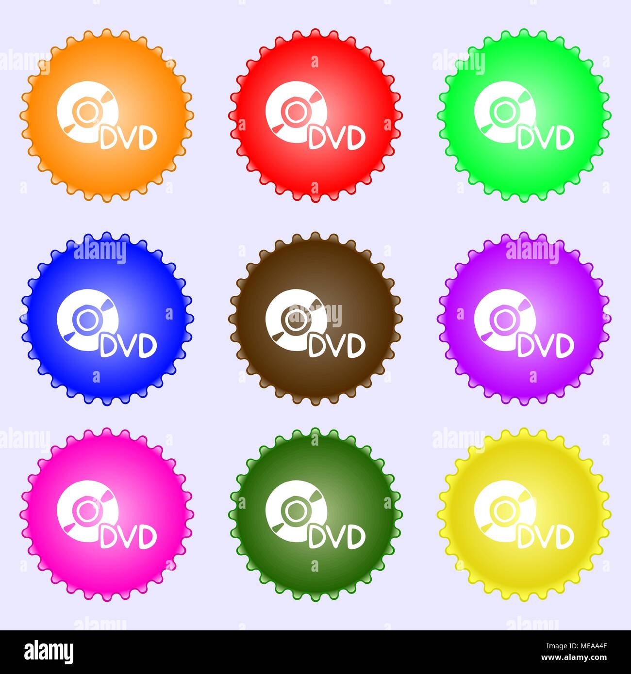 dvd icon sign. A set of nine different colored labels. Vector ...