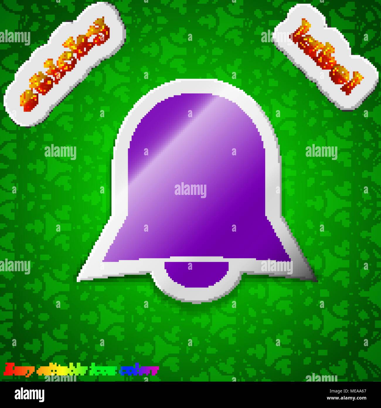 Alarm bell icon sign. Symbol chic colored sticky label on green ...