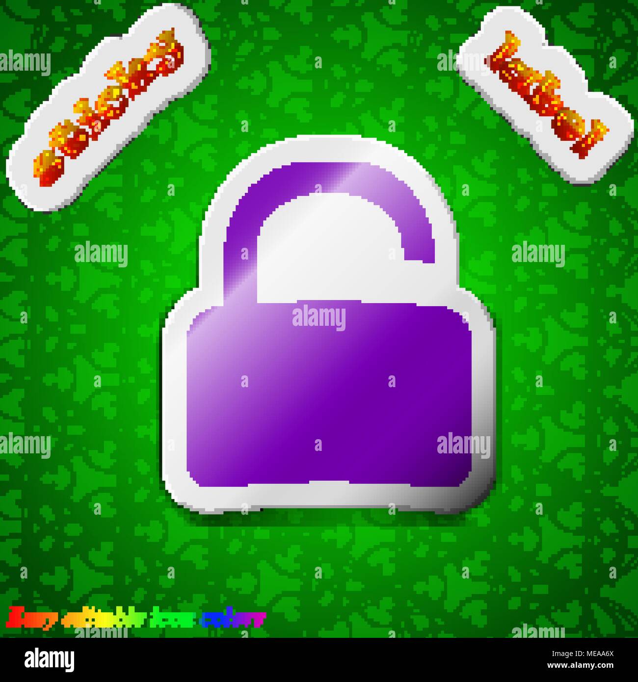 Open Padlock icon sign. Symbol chic colored sticky label on green ...