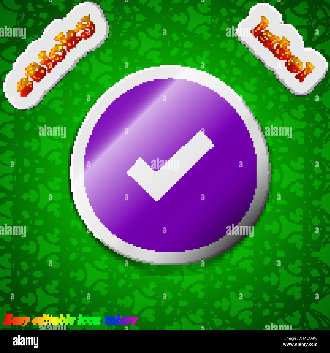 Check mark, tik icon sign. Symbol chic colored sticky label on green ...