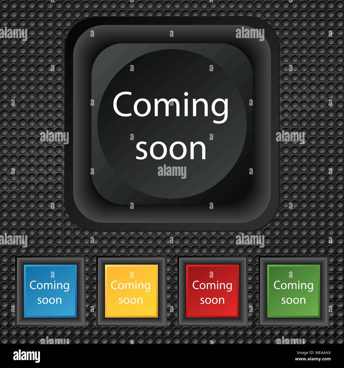 Coming soon sign icon. Promotion announcement symbol. Set of colored ...