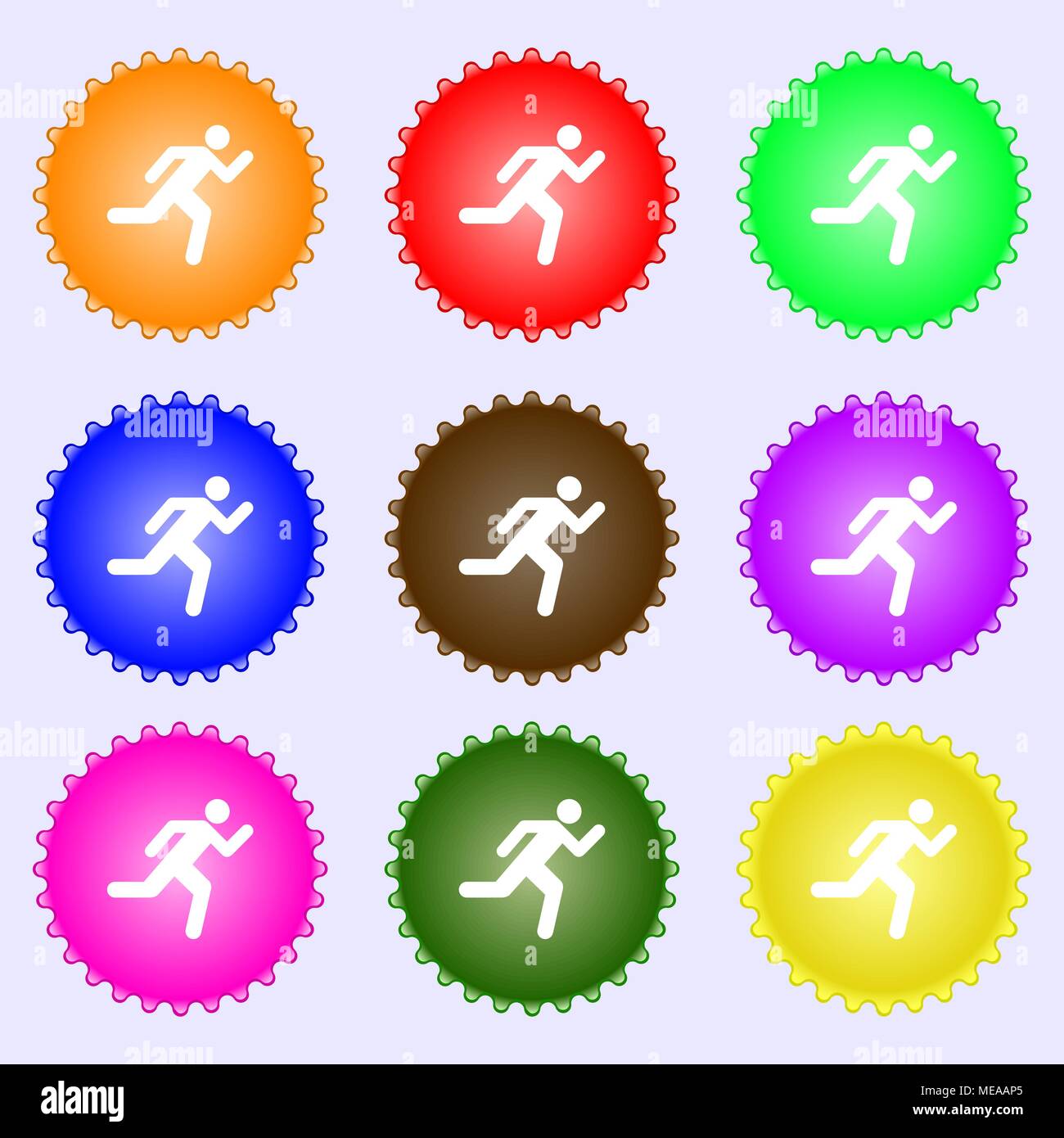 running man icon sign. A set of nine different colored labels. Vector ...