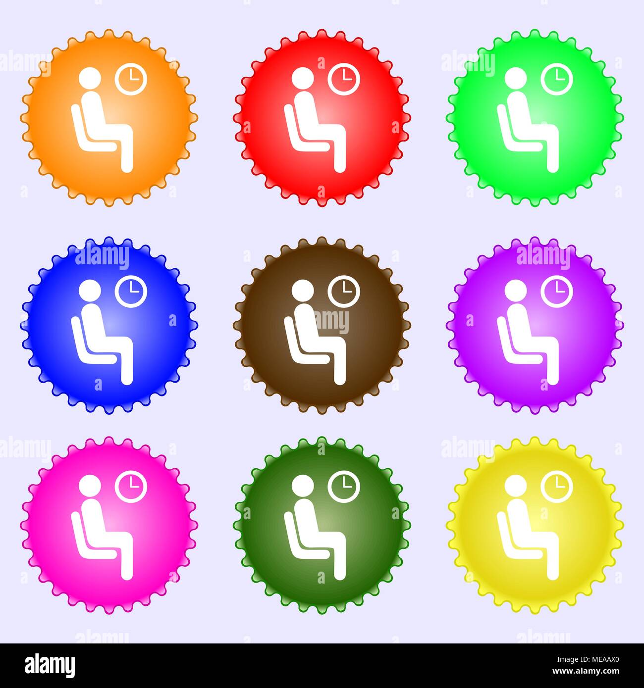 waiting icon sign. A set of nine different colored labels. Vector ...
