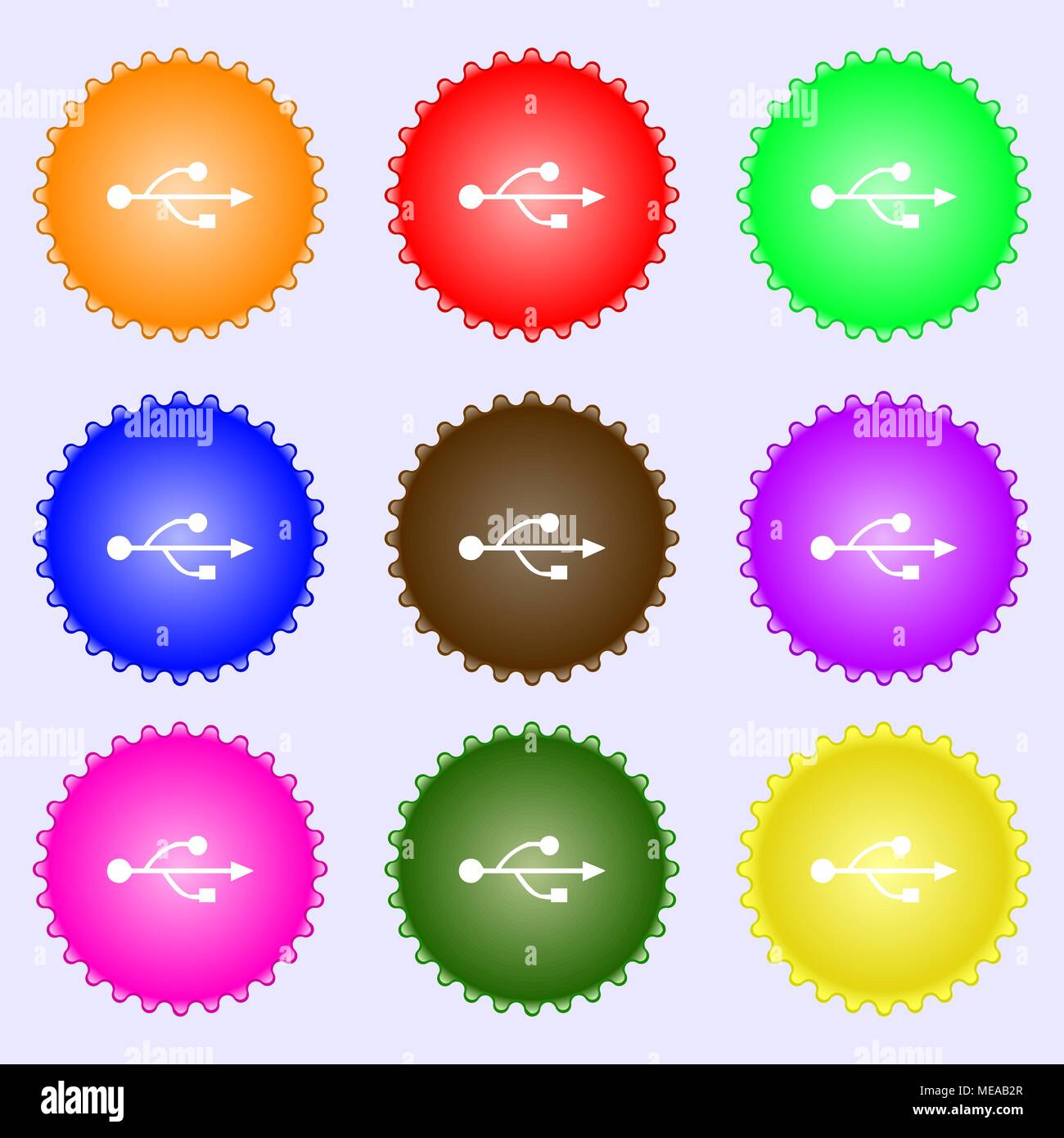 USB icon sign. A set of nine different colored labels. Vector ...