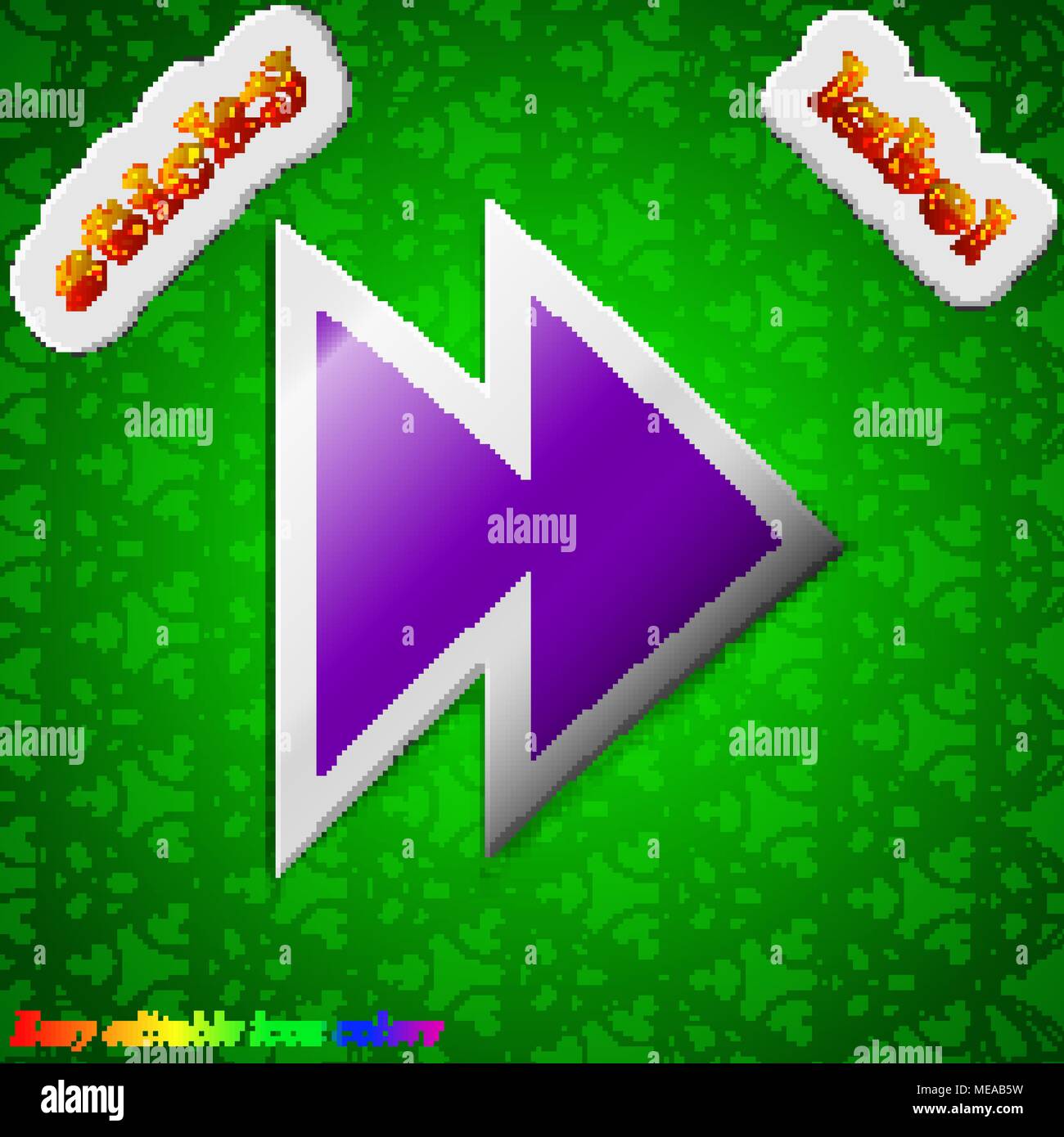 rewind icon sign. Symbol chic colored sticky label on green background ...