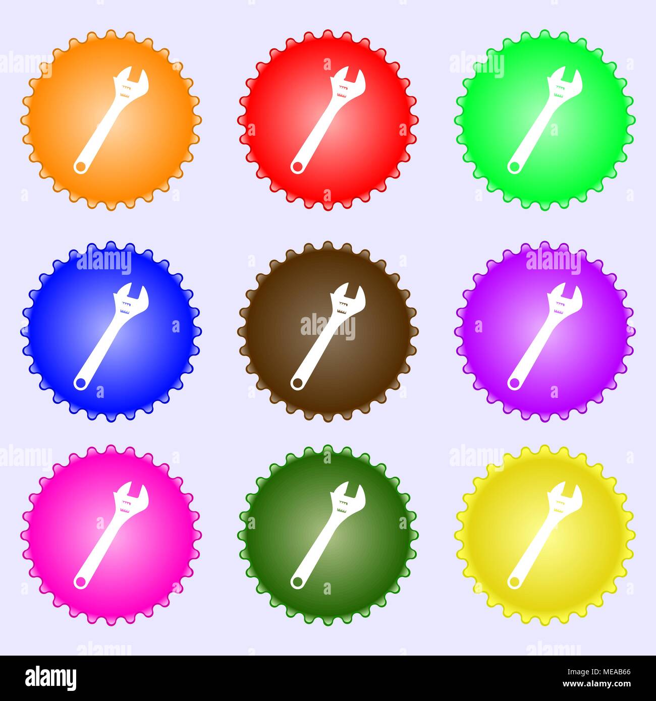 wrench icon sign. A set of nine different colored labels. Vector ...