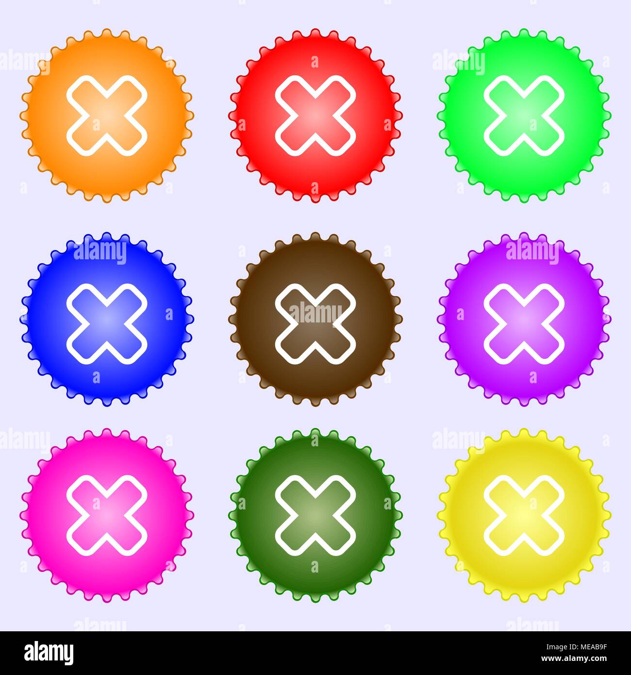 Cancel icon sign. A set of nine different colored labels. Vector ...