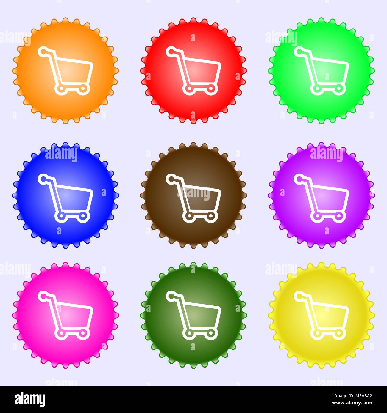 Shopping cart icon sign. A set of nine different colored labels. Vector ...