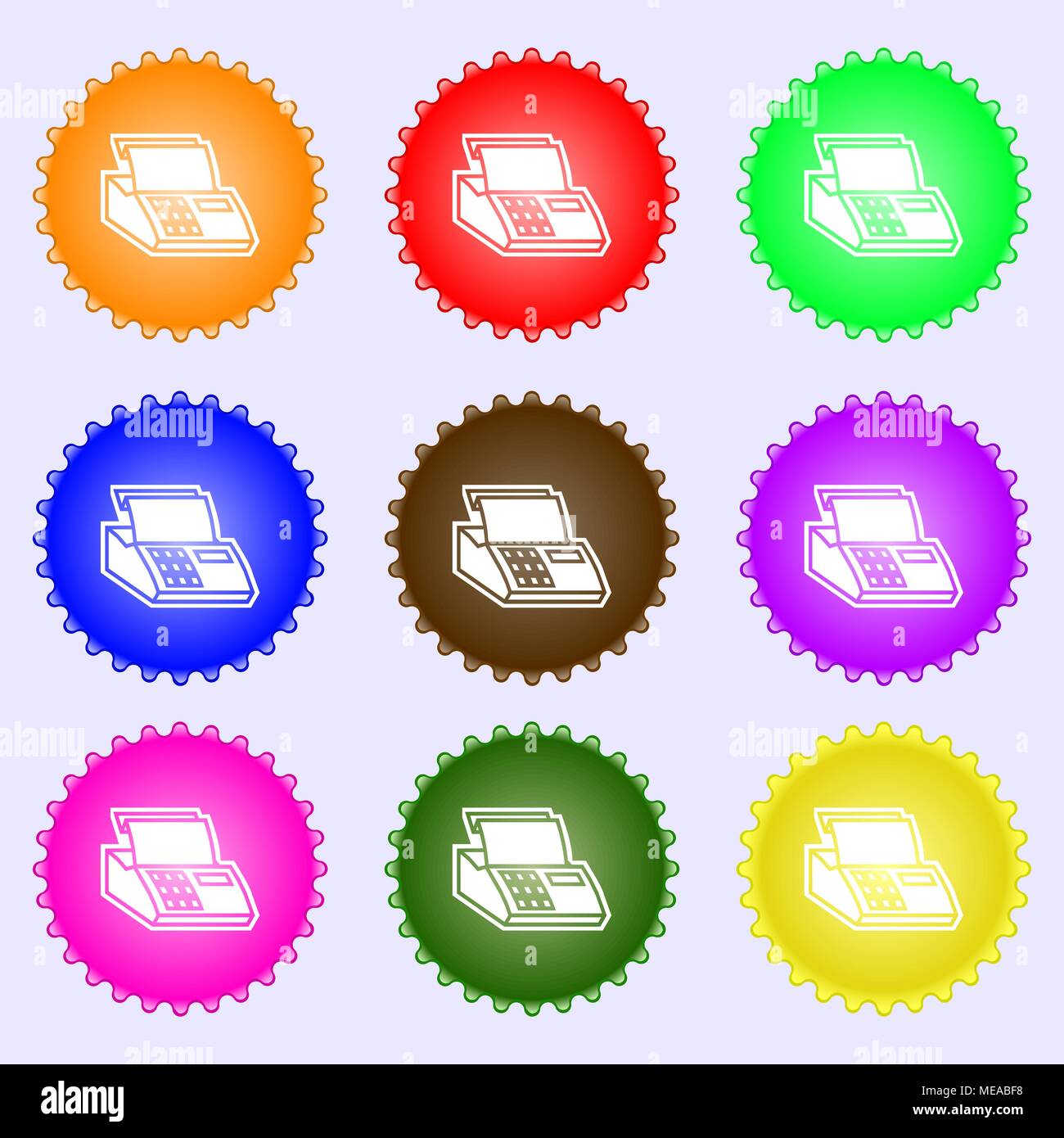 Cash register machine icon sign. A set of nine different colored labels ...