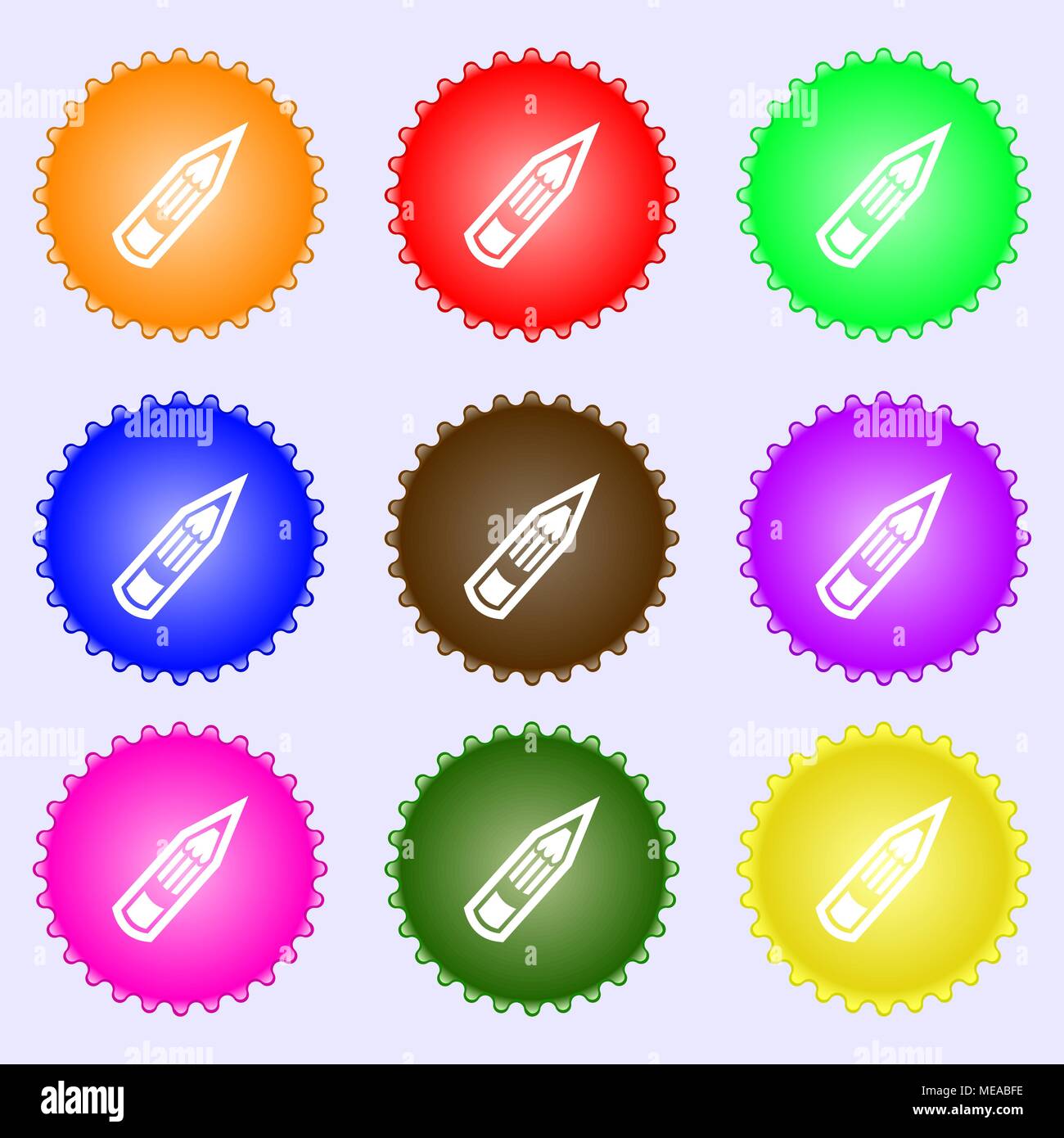 Pencil icon sign. A set of nine different colored labels. Vector ...