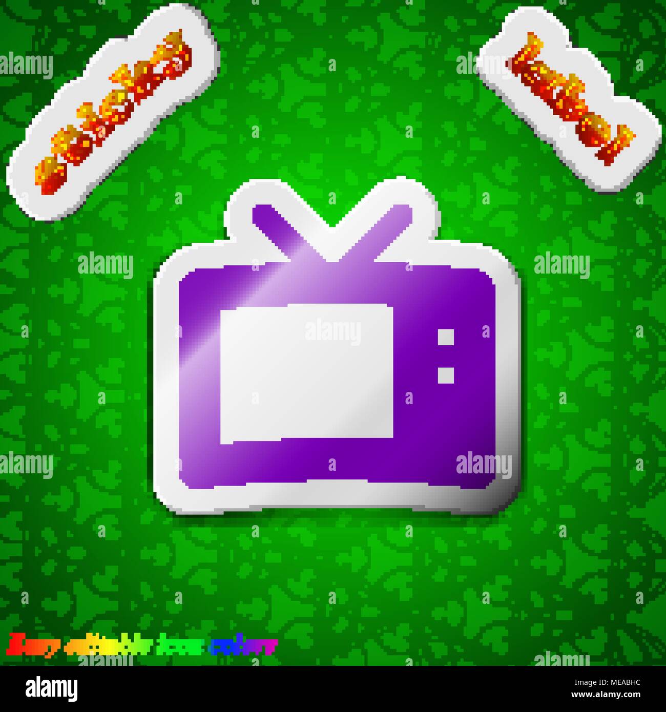Retro TV mode icon sign. Symbol chic colored sticky label on green ...