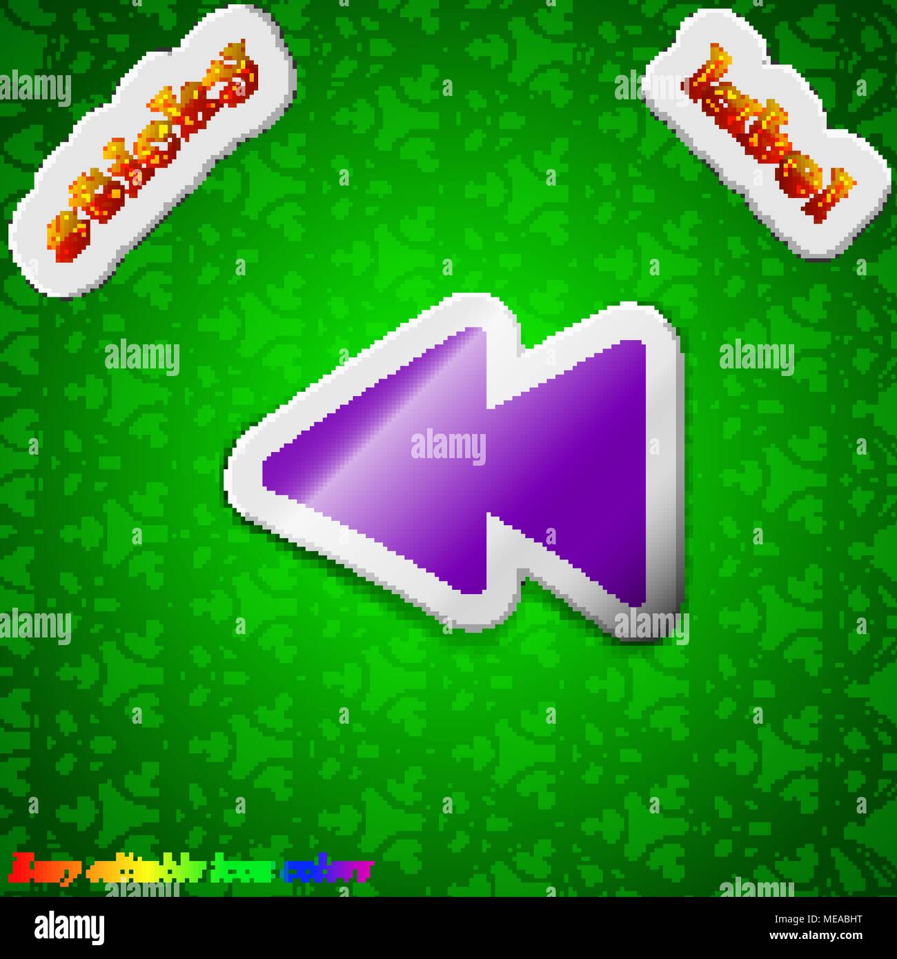 rewind icon sign. Symbol chic colored sticky label on green background ...