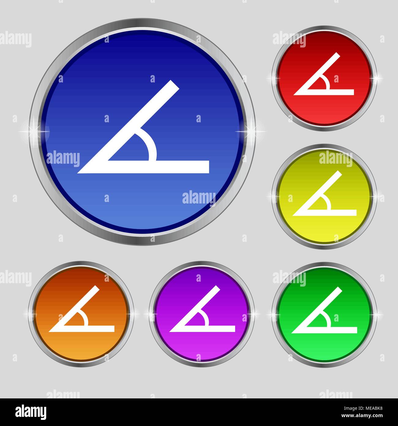 Angle 45 degrees icon sign. Round symbol on bright colourful buttons ...