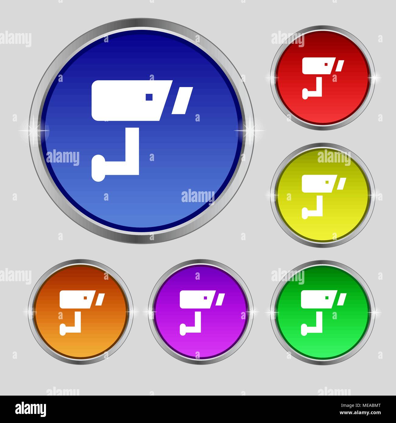 Surveillance Camera icon sign. Round symbol on bright colourful buttons ...