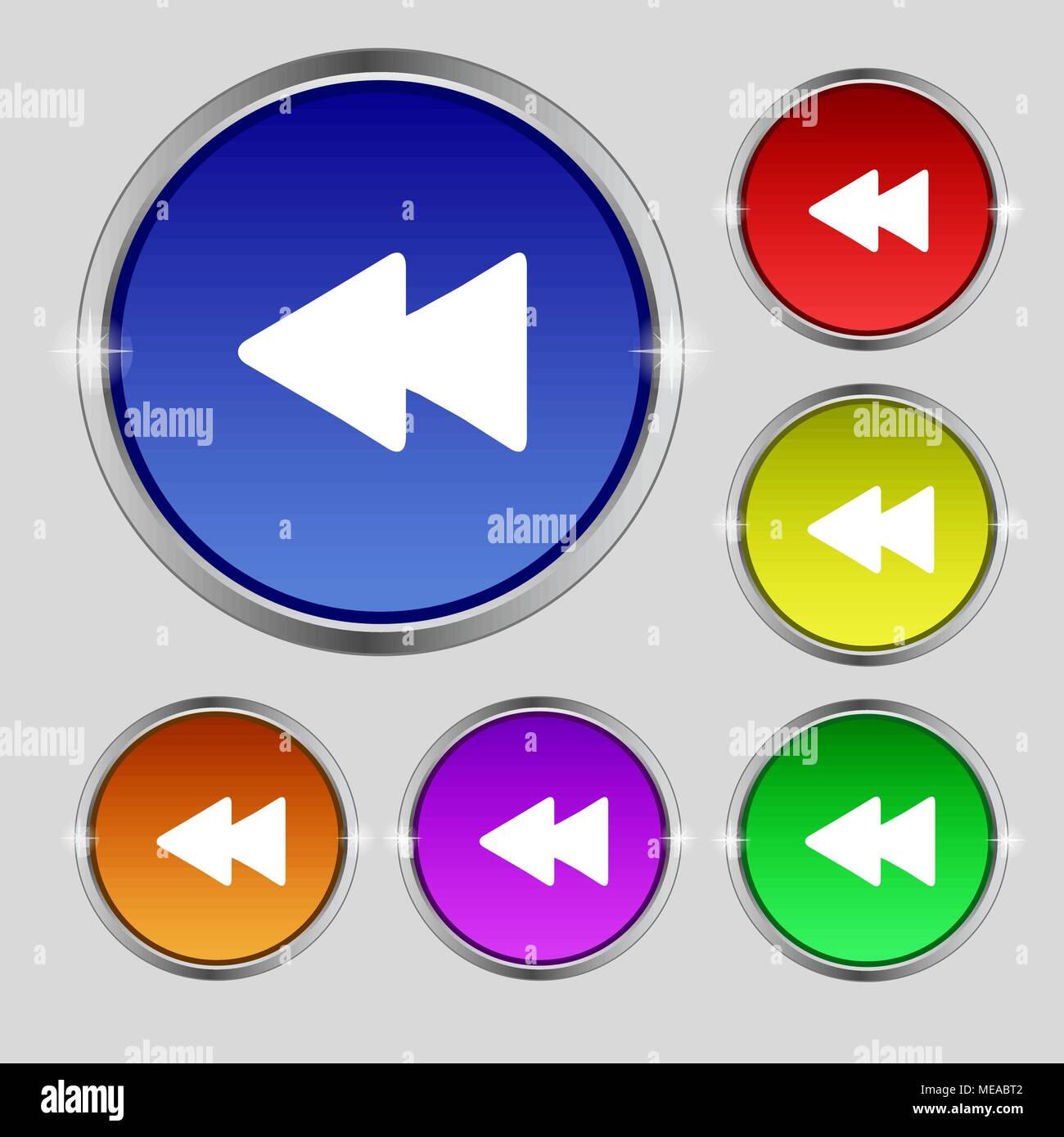 rewind icon sign. Round symbol on bright colourful buttons. Vector ...