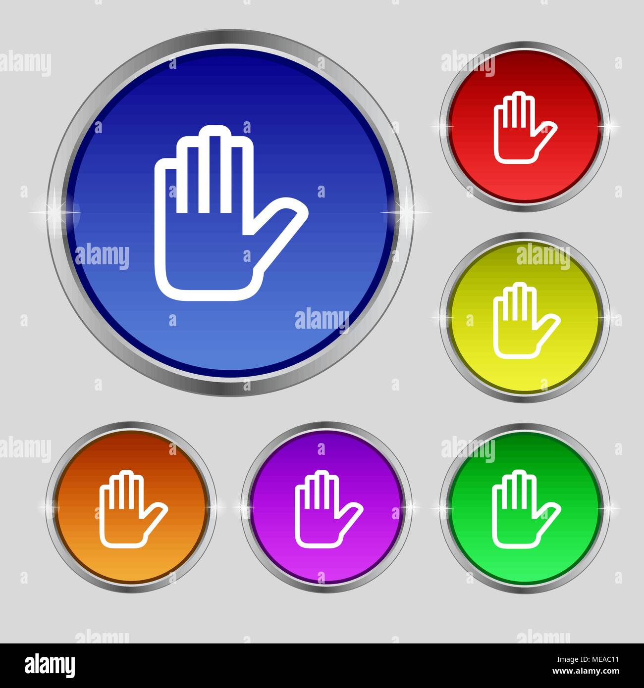 Hand print, Stop icon sign. Round symbol on bright colourful buttons ...