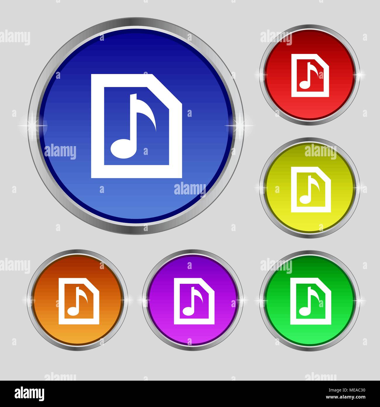 Audio, MP3 file icon sign. Round symbol on bright colourful buttons ...