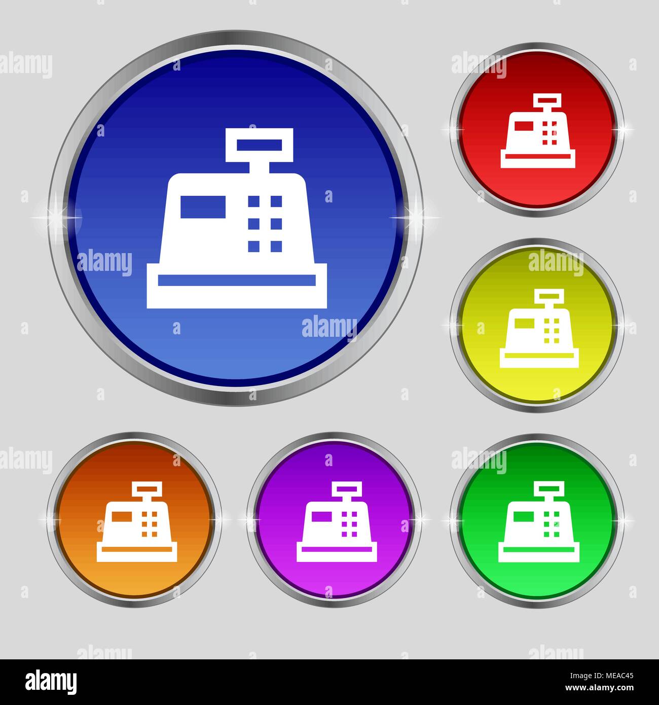 Cash register icon sign. Round symbol on bright colourful buttons ...