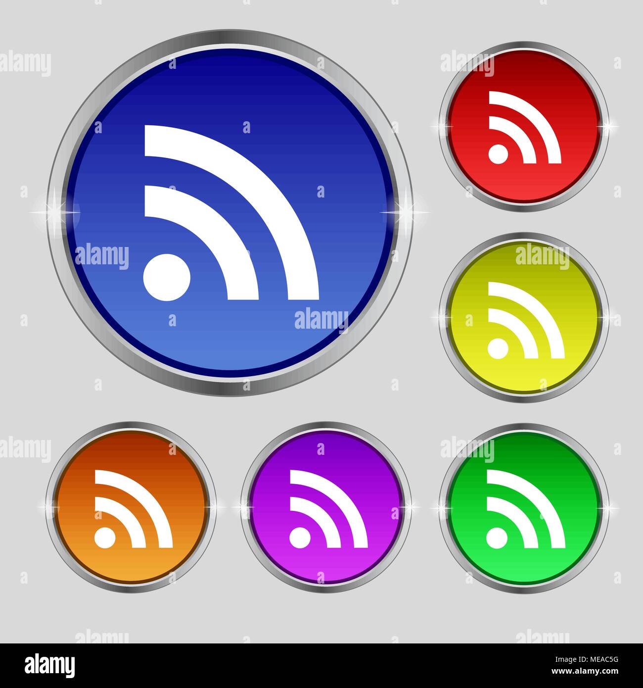RSS feed icon sign. Round symbol on bright colourful buttons. Vector ...