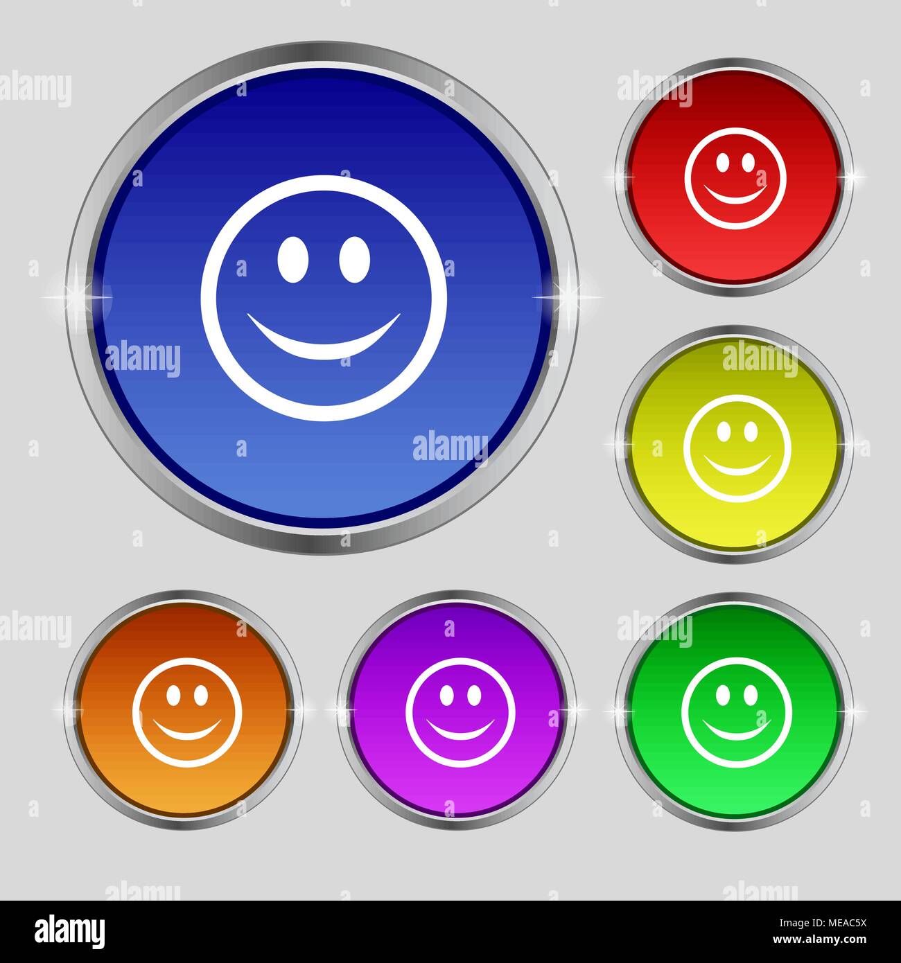 Smile, Happy face icon sign. Round symbol on bright colourful buttons ...
