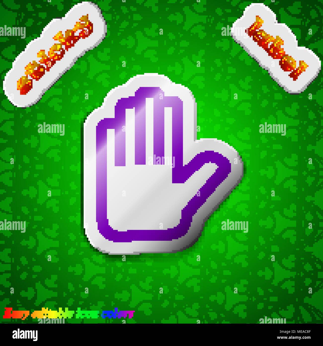 Hand print, Stop icon sign. Symbol chic colored sticky label on green ...