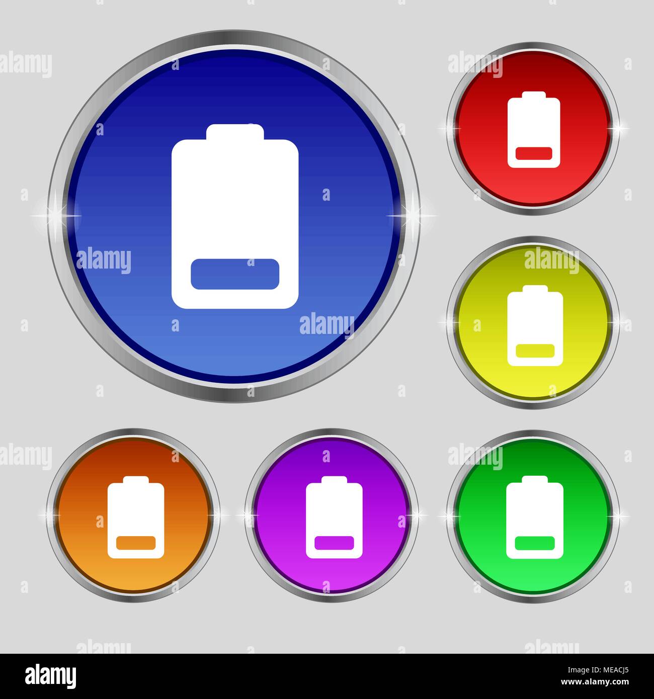 Battery low level, Electricity icon sign. Round symbol on bright ...