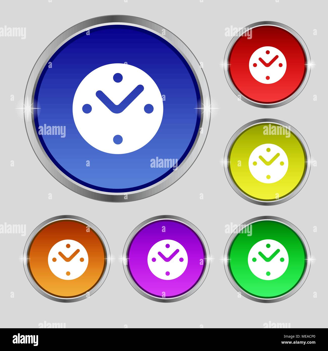 Mechanical Clock icon sign. Round symbol on bright colourful buttons ...
